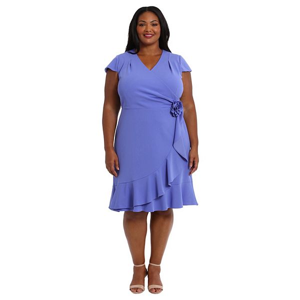 Plus Size London Times Rosette Wrap Cascade Ruffle Dress