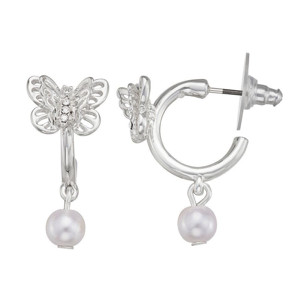 You're Invited Silver Tone Butterfly & Simulated Pearl Hoop Drop Earrings