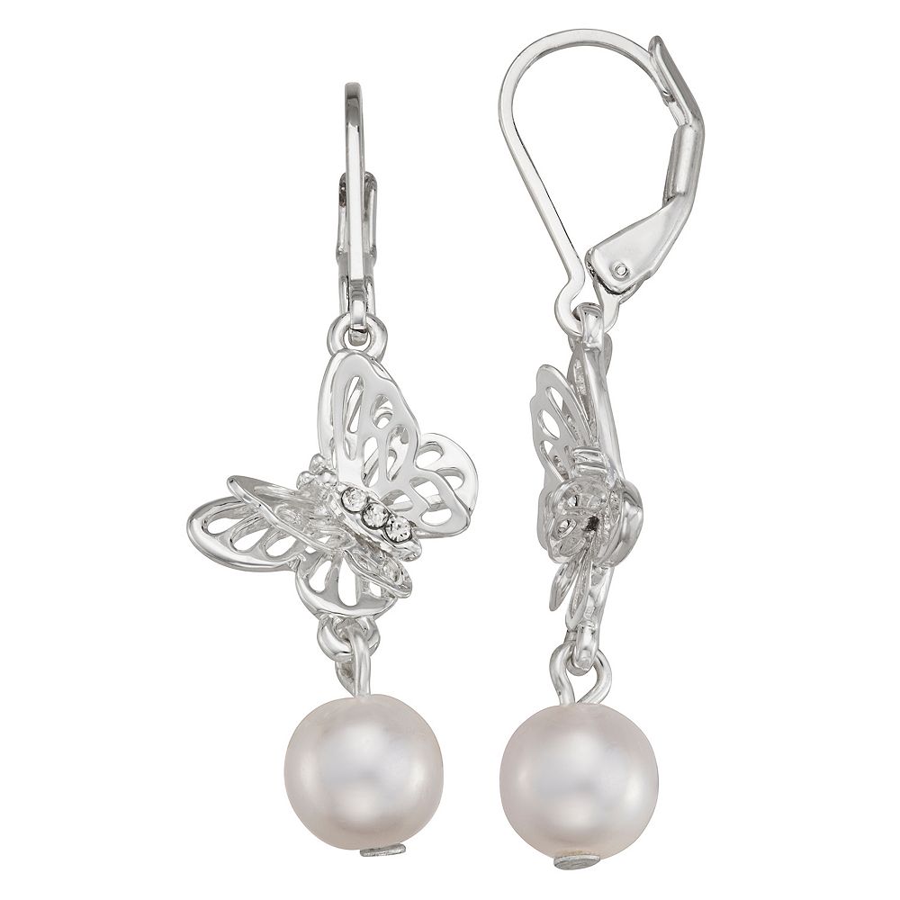 You're Invited Silver Tone Butterfly & Simulated Pearl Double Drop Earrings