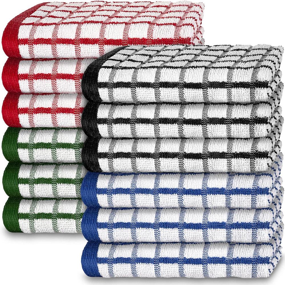 White Classic 100% Cotton Checkered Design Kitchen Towel Set of 12 - 12x12"
