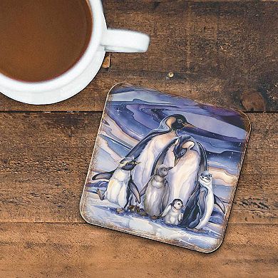 Penguin Family Wooden Cork Coasters Gift Set of 4 - Art by J. Bergsma