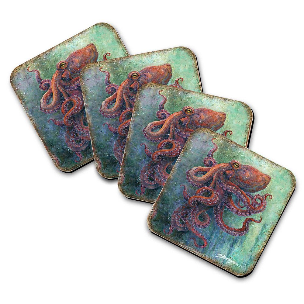 Octopus Wooden Cork Coasters Gift Set of 4 - Art by J. Bergsma