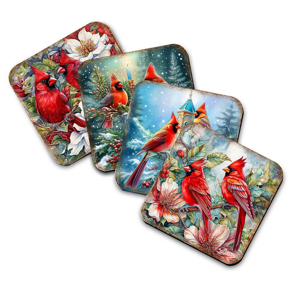Red Cardinals Wooden Cork Coasters Gift Set of 4