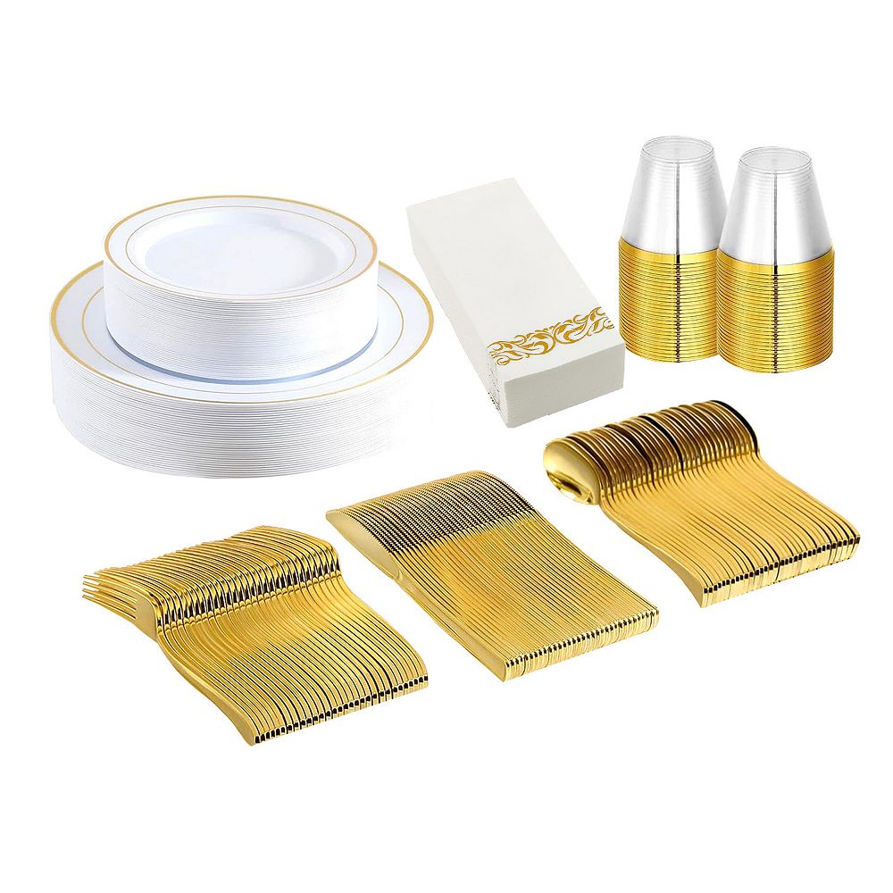 175-Piece Disposable Gold Dinnerware Set Plates, Cups, Cutlery & Napkins