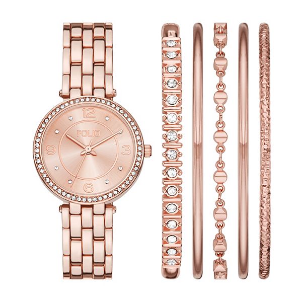 Folio Women's Rose Gold Tone Tone Bracelet Watch & Bracelet Set Folio Women's Rose Gold Tone Tone Bracelet Watch & Bracelet Set