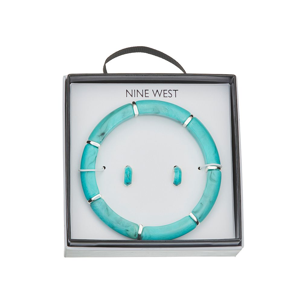 Nine West Silver Tone Faux Turquoise Stretch Bracelet & Stud Earrings Set