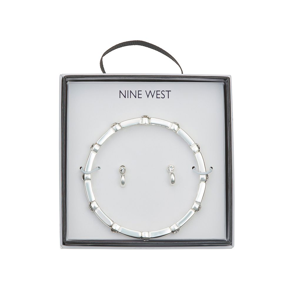 Nine West Silver Tone Skinny Stretch Bracelet & Stud Earring Set