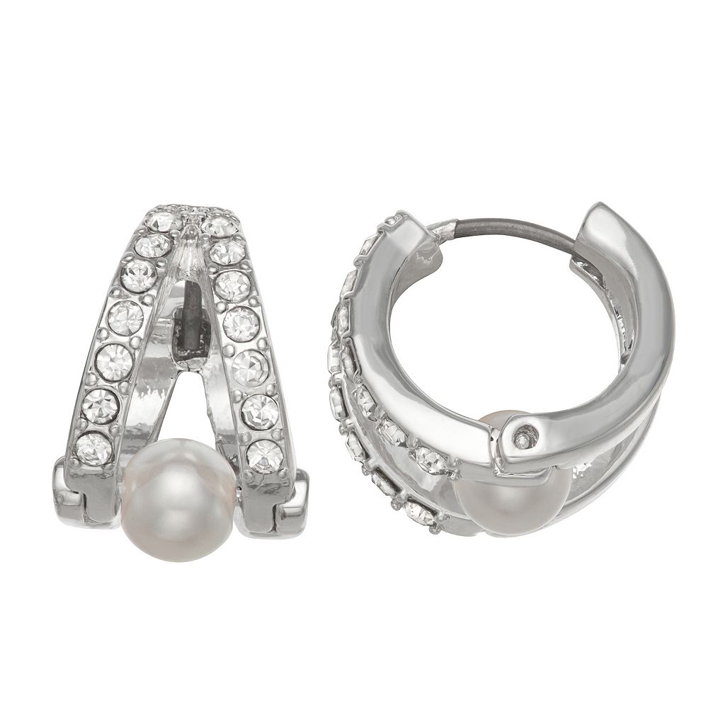 You're Invited Silver Tone Crystal & Simulated Pearl Hoop Earrings