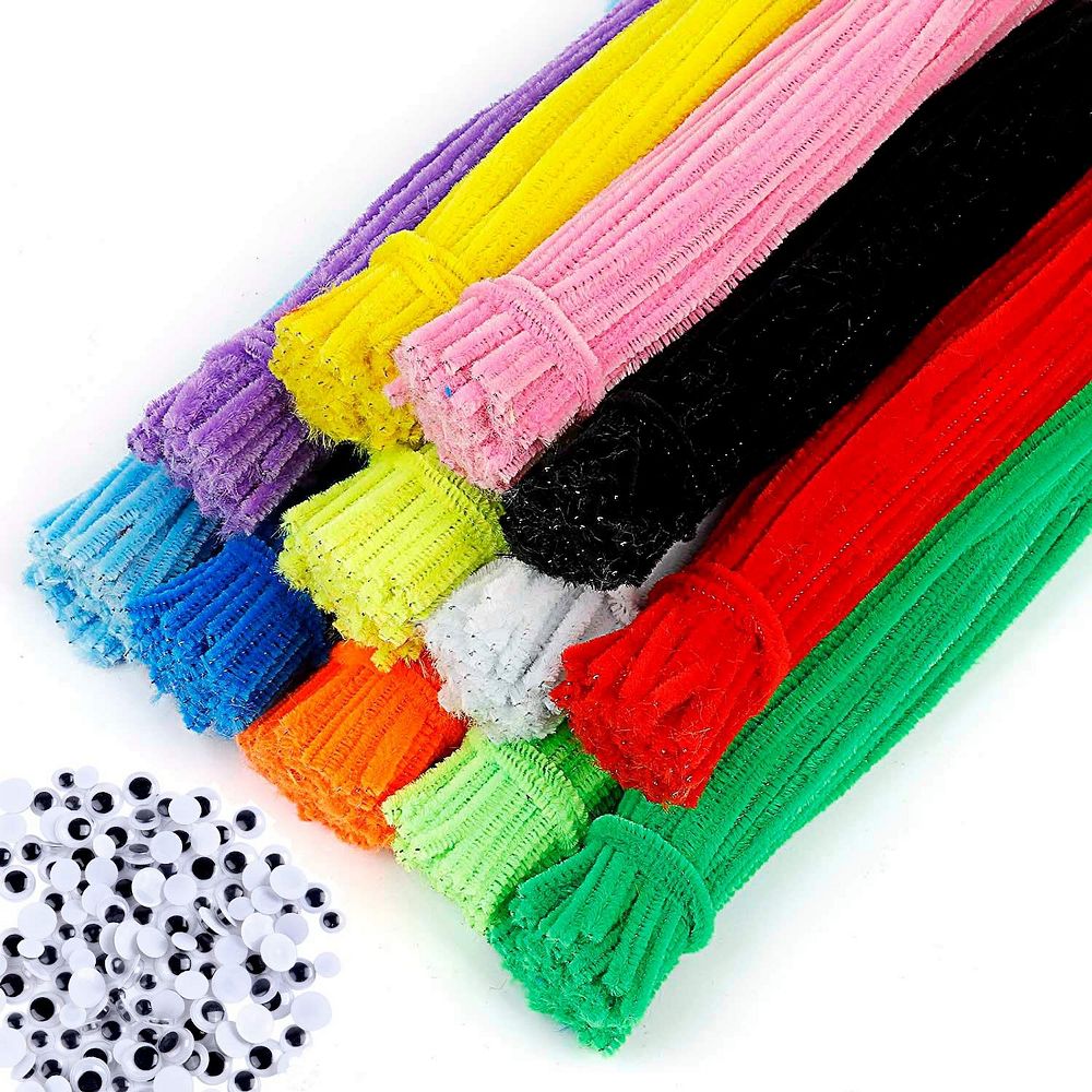 1200 Chenille Pipe Cleaner Stems in 12 Colors & 100 Googly Eyes