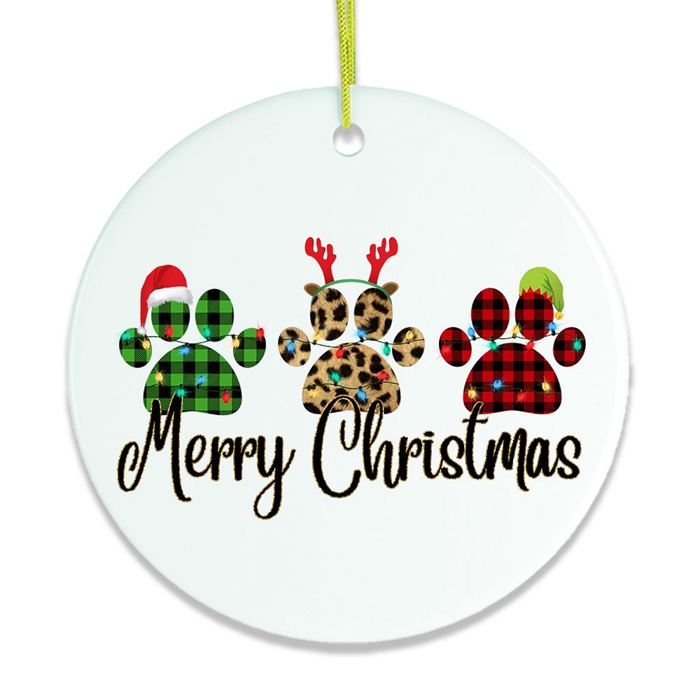 Cat Paw Plaid Prints Merry Christmas Ornament, Circle Version