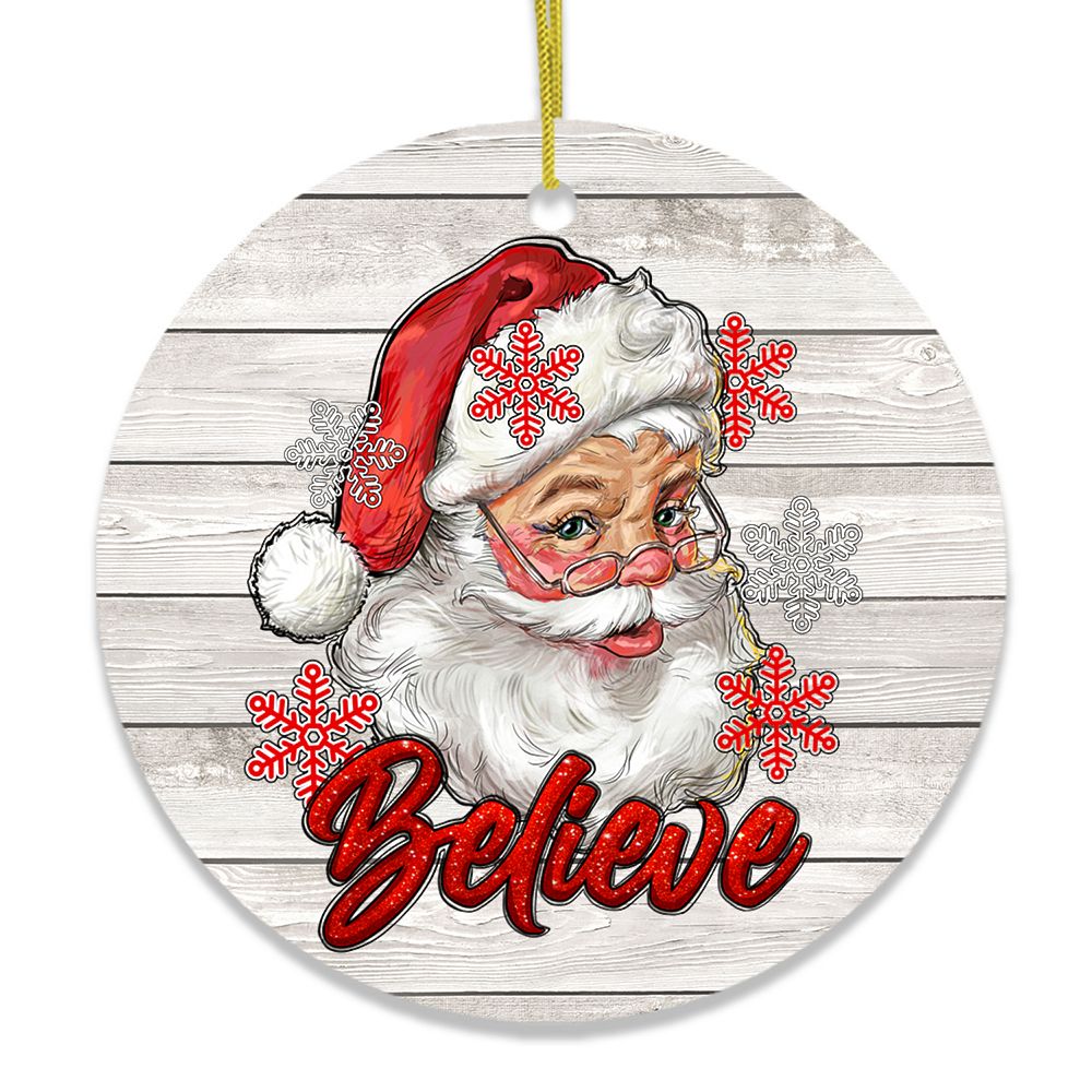 Vintage Believe Santa Christmas Ornament, Circle Version 1