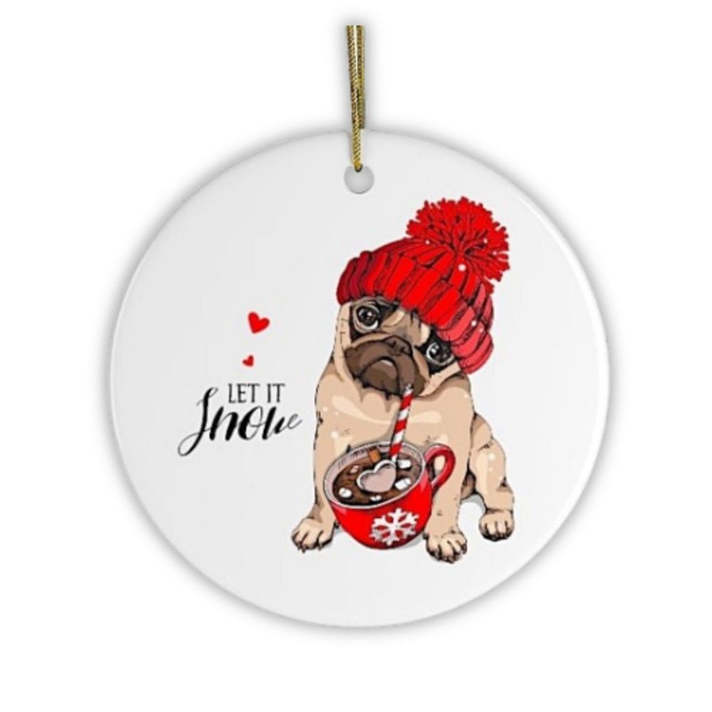 Cute Christmas Pug Ornament, Circle Version