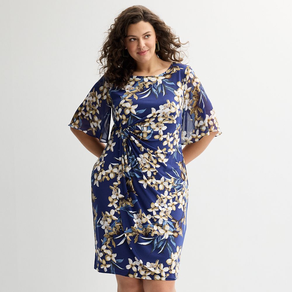 Plus Size Studio Connection Printed Side Drape Chiffon Dress