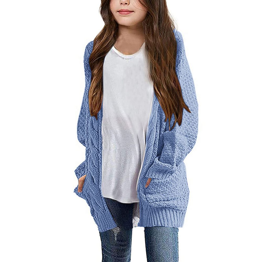 Girls Long Sleeve Cardigan Sweaters Open Front Cable Knit Chunky Kids ...