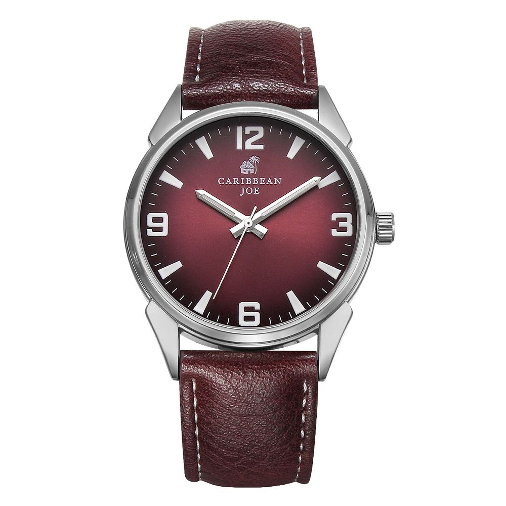 Caribbean Joe Men's Silver Tone Burgundy Dial Strap Watch