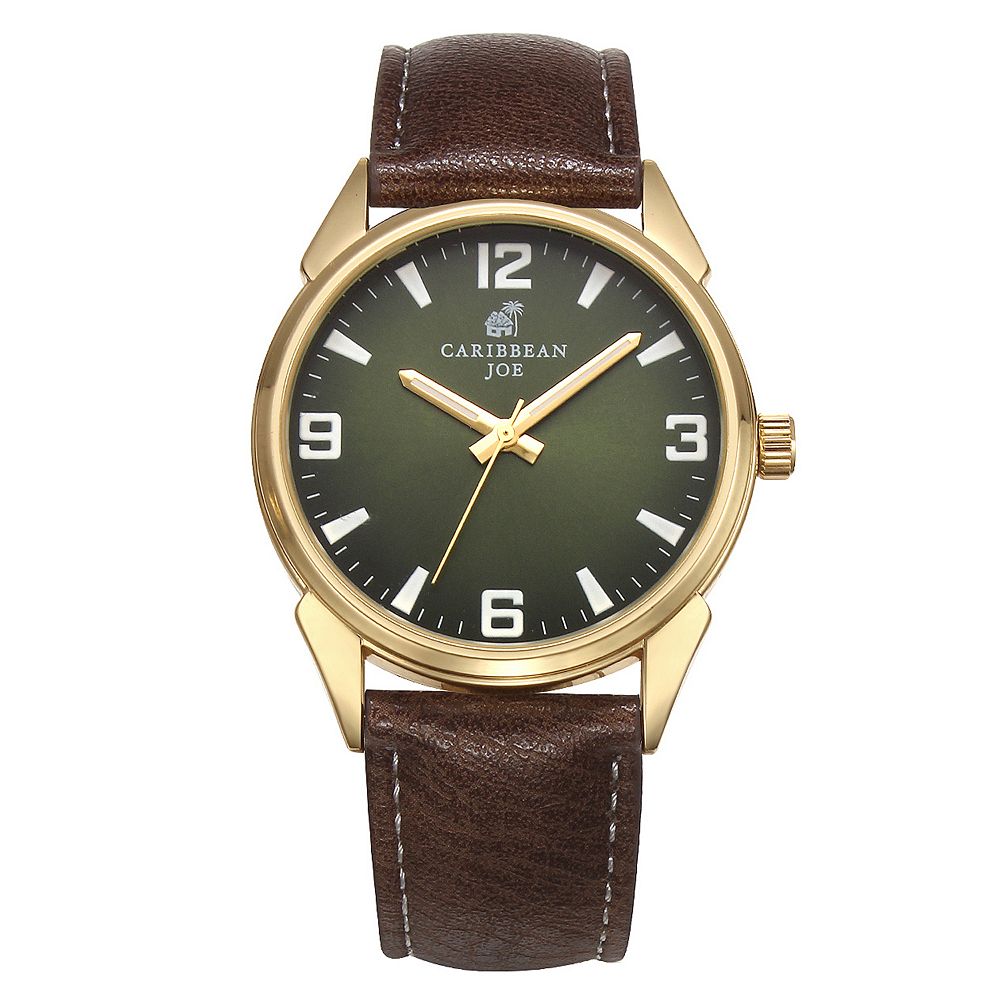 Caribbean Joe Men's Gold Tone Green Dial Brown Strap Watch