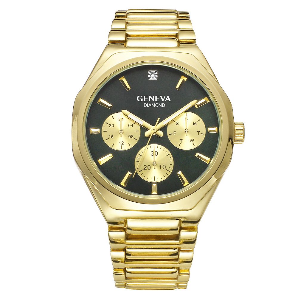 Geneva Men's Genuine Diamond Gold Tone Green Dial Watch