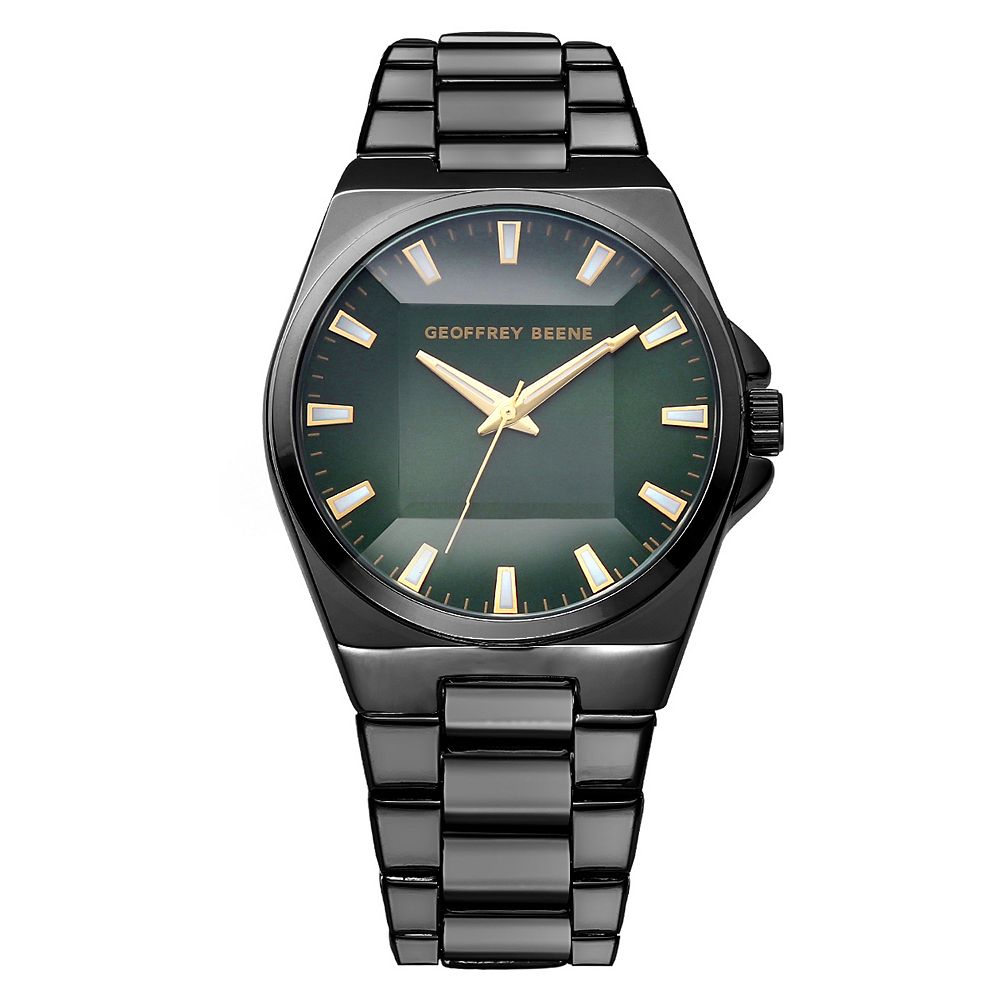 Geoffrey Beene Men's 42 mm Gunmetal Faceted Glass Green Dial Bracelet Watch