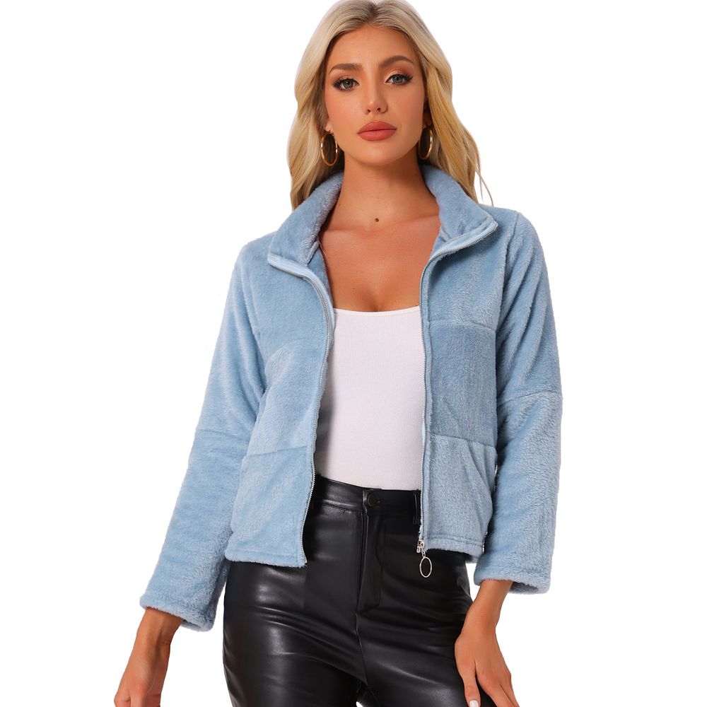 Cropped Fleece Jacket for Women's Stand Collar Zip Up Faux Fur Coat