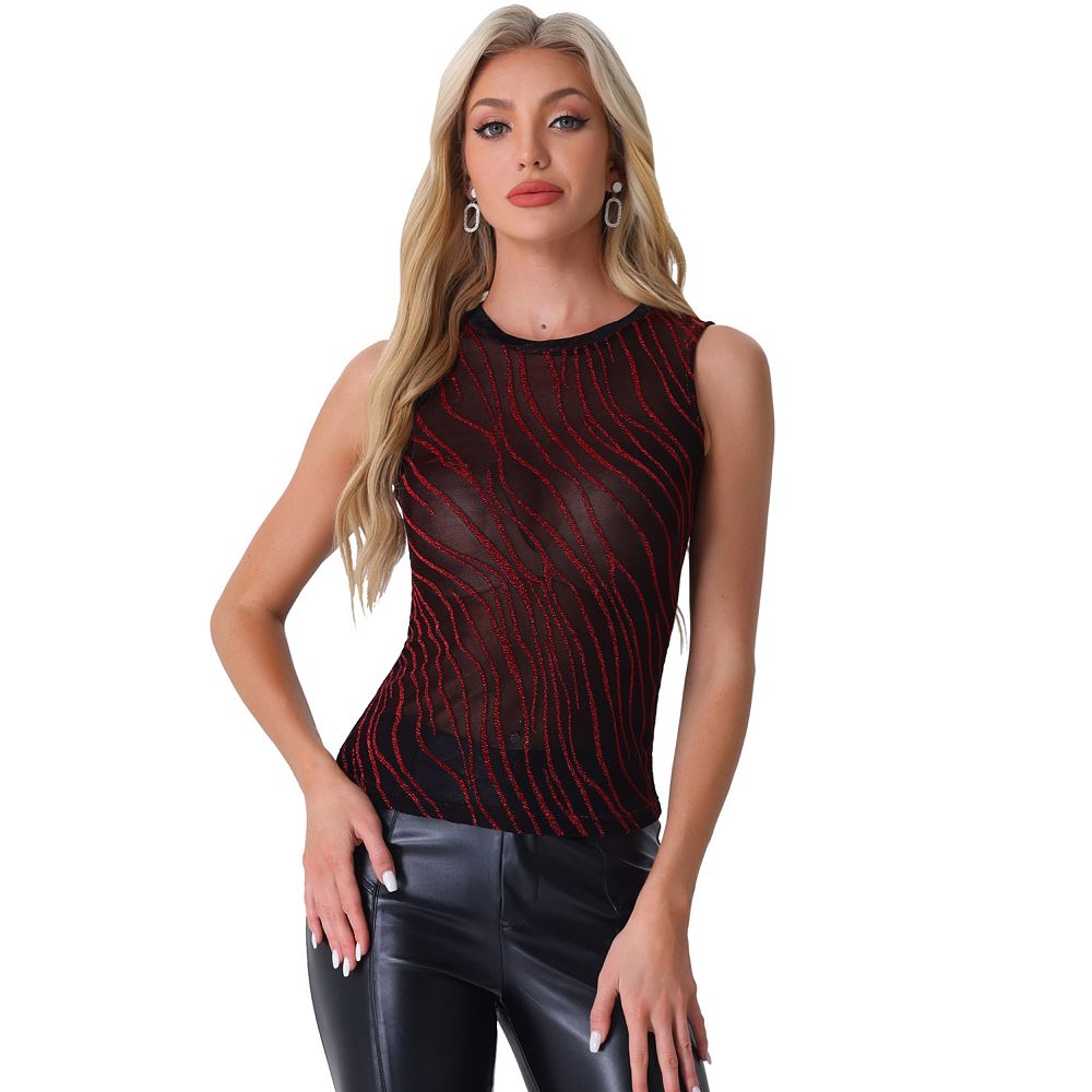 Women's Glitter Top Striped Trim See Through Party Sparkly Sleeveless Tops