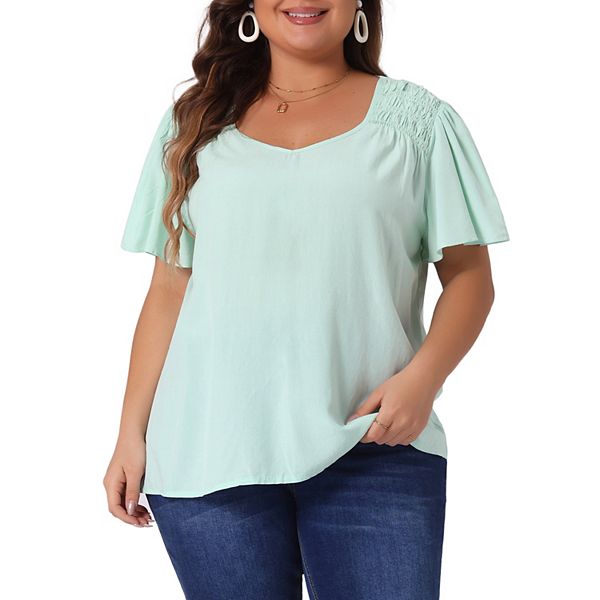 Plus Size Tops for Women V Neck Ruffle Sleeve Smocked Shoulder Chiffon ...