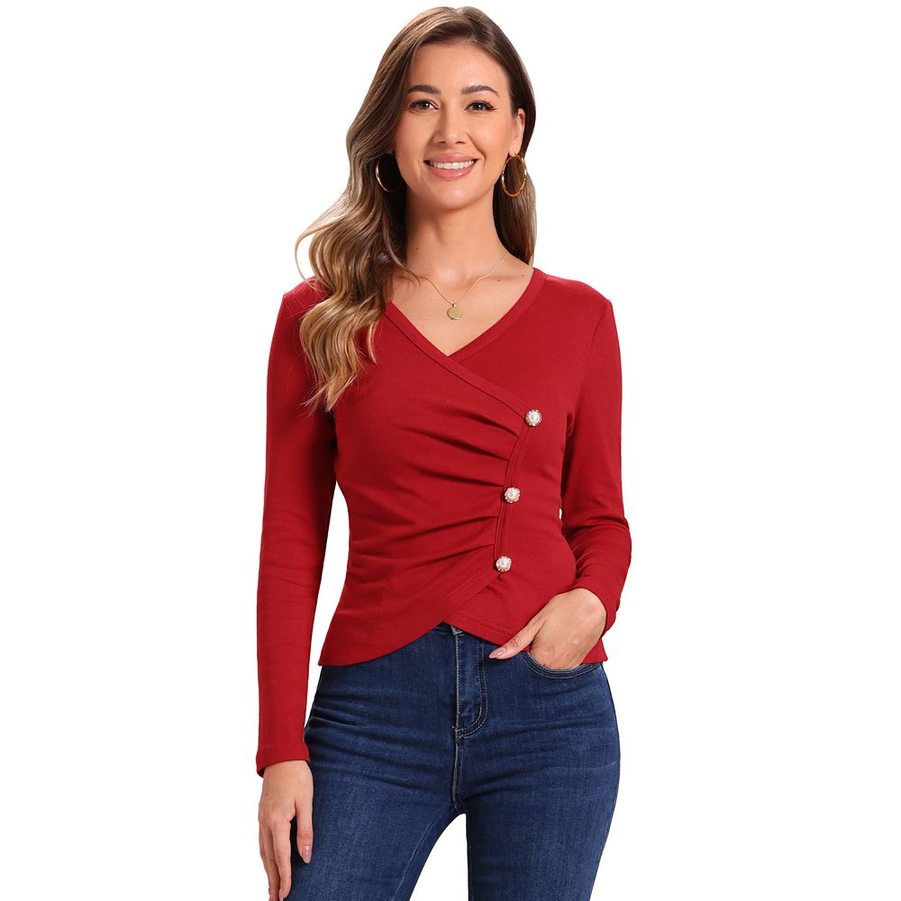 Wrap V Neck Blouse for Women's Long Sleeves Knitted Pearl Buttons Decor ...