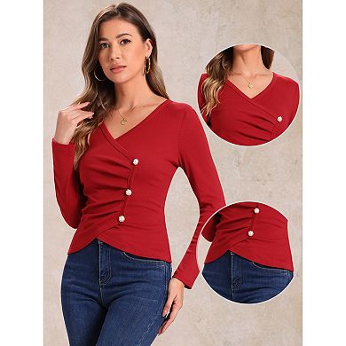Wrap V Neck Blouse for Women's Long Sleeves Knitted Pearl Buttons Decor ...