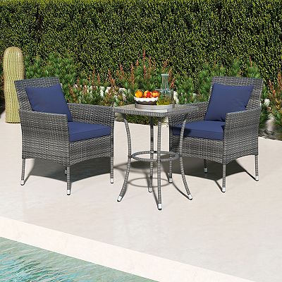3 Pieces Patio Furniture Set with Cushioned Patio Chairs and Tempered Glass Coffee Table Navy