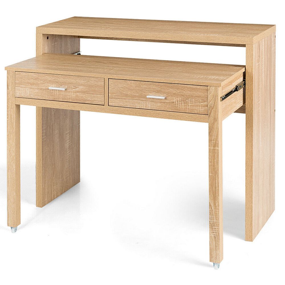 Extendable Computer Desk With Pull Out Secondary Desk And Drawers