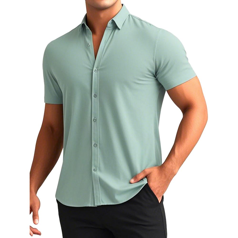 Men's Button Down Point Collar Short Sleeve Solid Color Business Dress ...