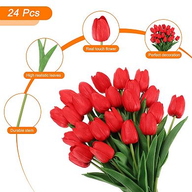 24 Pcs Fake Tulips Artificial Flowers, PU Artificial Tulips Real Touch with Stems for Home Decor