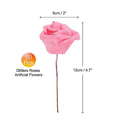 50 Pcs Glitters Roses Artificial Flower, Fake Roses with Stems Foam ...