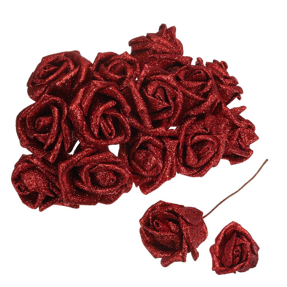 50 Pcs Glitters Roses Artificial Flower, Fake Roses with Stems Foam ...