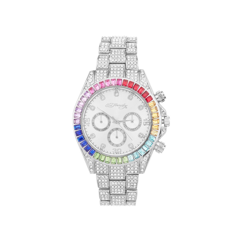Ed Hardy Women's Colorful Crystal Bezel Silver Tone Watch