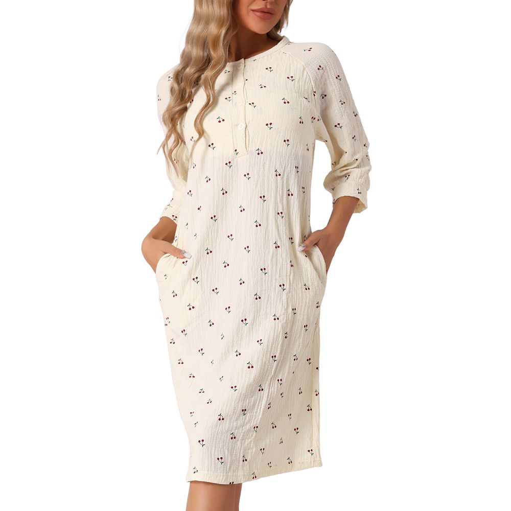 Womens Nightgowns Button Up Sleepwear 3/4 Sleeve Crew Neck Cute Print ...