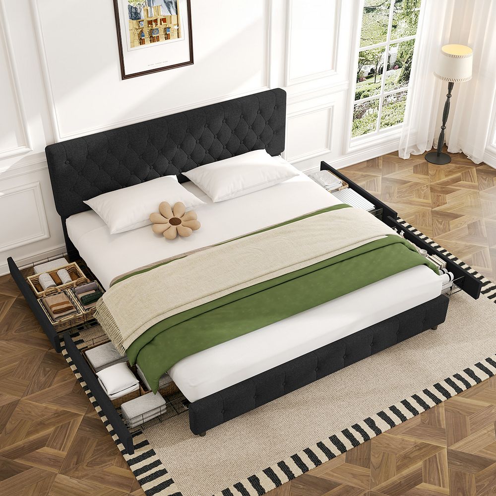 Linen Upholstered Headboard Bed Frame with Large Hidden Storage, 4 ...