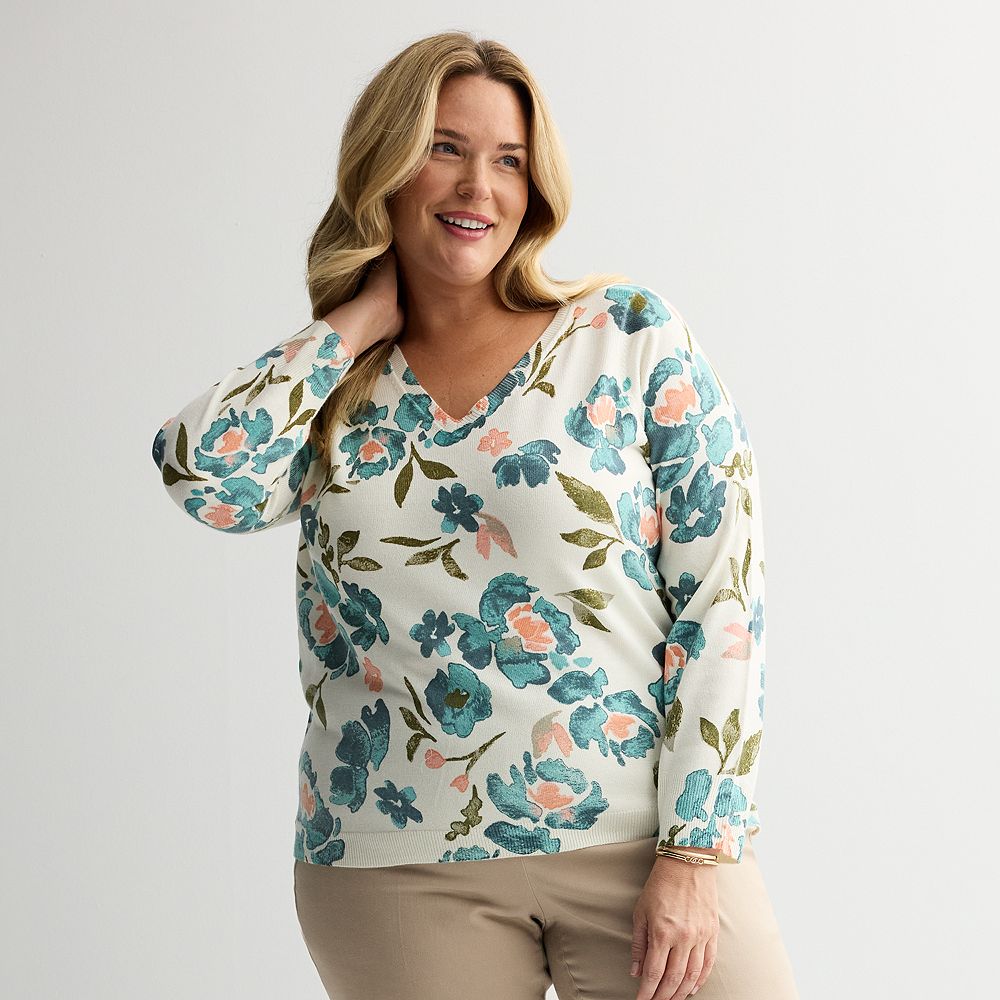 Plus Size Croft & Barrow® Printed V-Neck Pullover