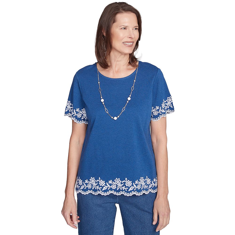 Petite Alfred Dunner Embroidered Border Top with Necklace