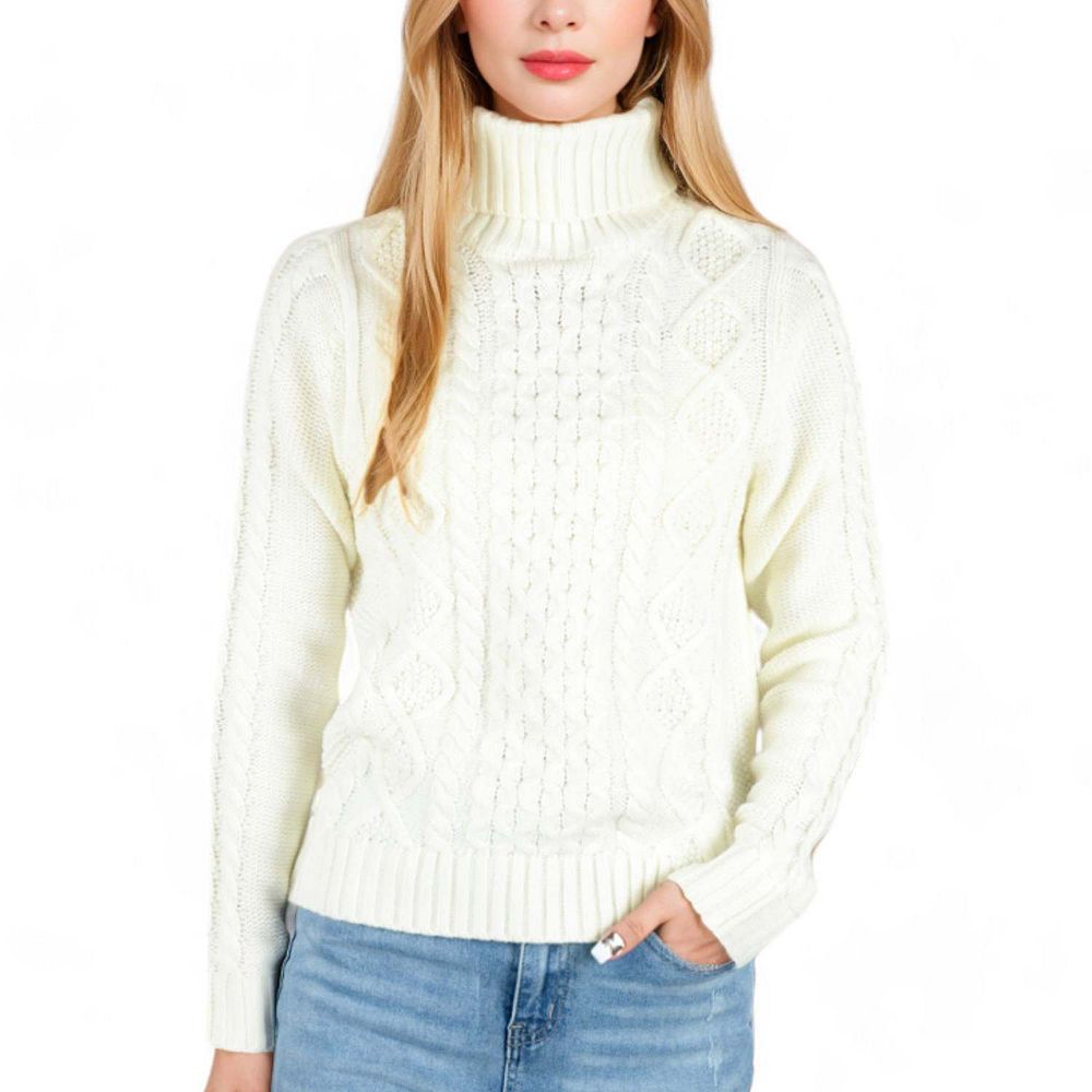 Women's Cable Knit Turtle Neck Stretch Long Sleeve Pullover Sweater