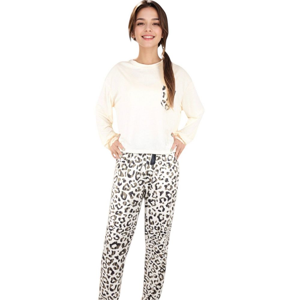 Women's Long Sleeve Pajama Set with Leopard Print Drawstring Pants and ...