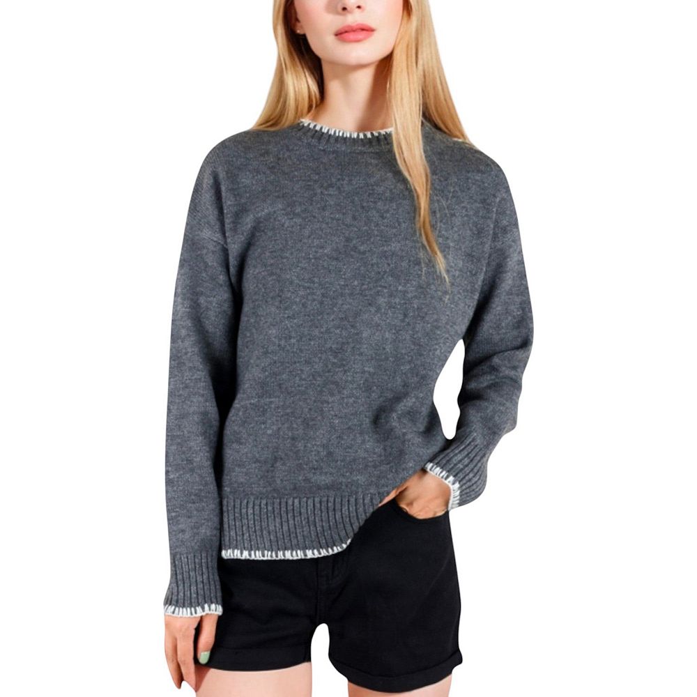 Women's Crew Neck Long Sleeve Knit Sweater with Contrast Trim and ...