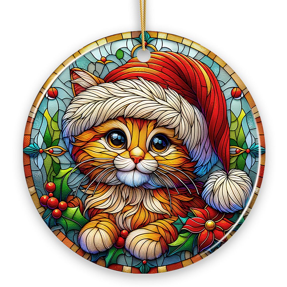 Adorable Cat in Santa Hat Stained Glass Style Ceramic Ornament ...