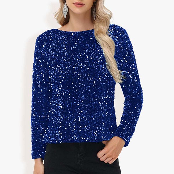 Women's Sequin Tops Long Sleeve Evening Party Concert Shirt Blouse