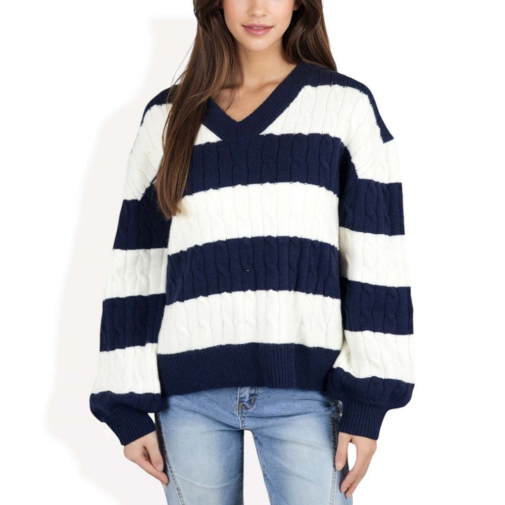 Women's Chunky Striped Cable Knit Sweater with V-Neckline