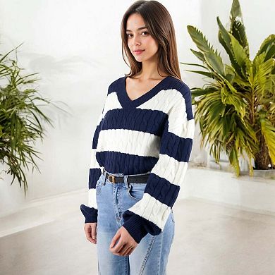 Women's Chunky Striped Cable Knit Sweater with V-Neckline