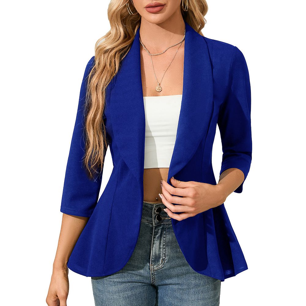 Women's Blazer Suit Open Front Cardigan 3/4 Sleeve Fitted Ruffle Hem ...