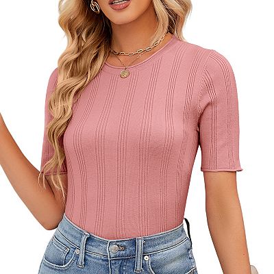 KOJOOIN Womens Knit Shirts Slim Fit Sweater Tops Short Sleeve Round Neck Tops Pink XL