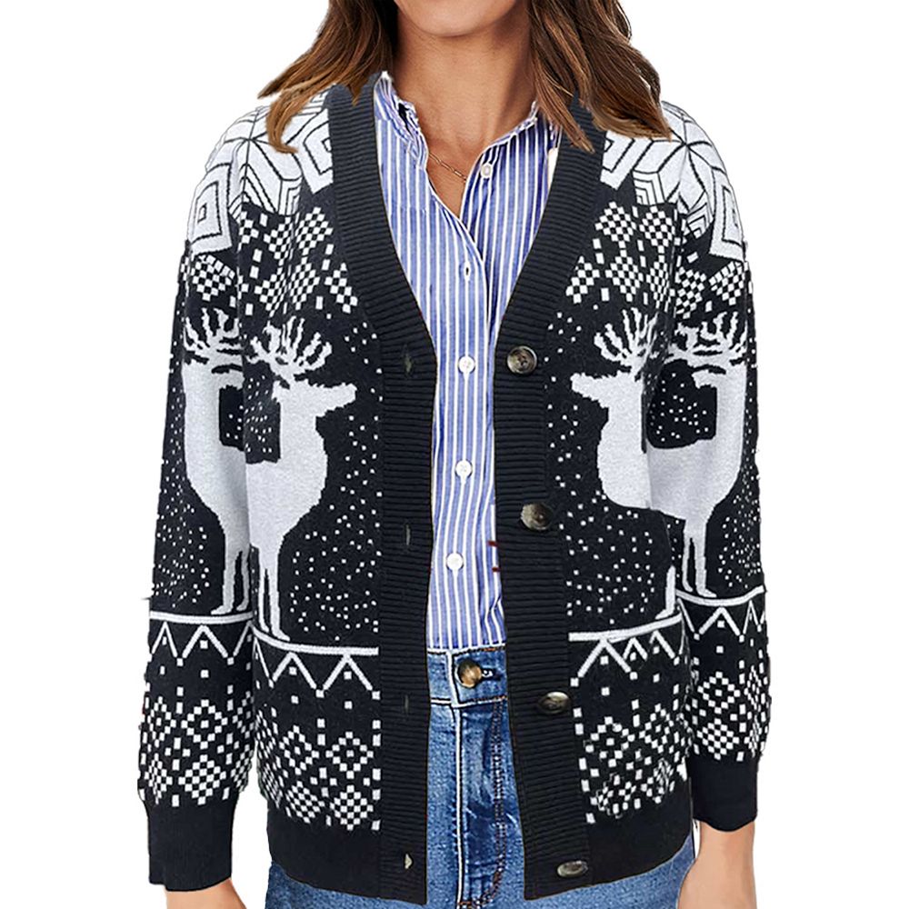 Womens Christmas Sweater Cardigan Ugly Sweater Long Sleeve Reindeer Open Front Sweater Knit Cardigan