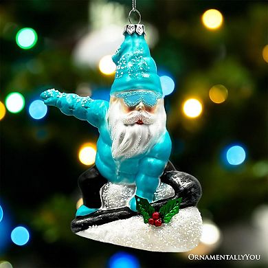 Snowboarding Gnome Glass Christmas Ornament, Winter Blue Aspen Tree Decor