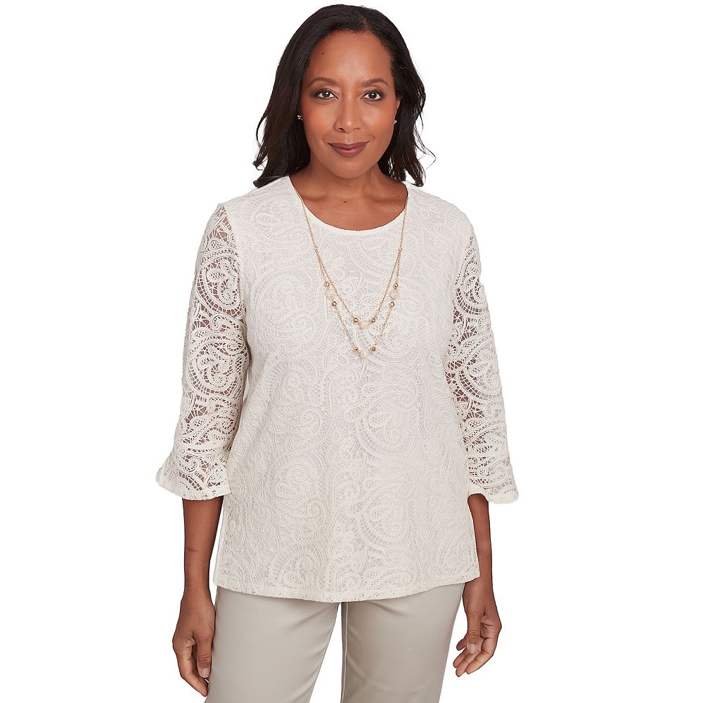 Petite Alfred Dunner Lace Woven Top with Necklace